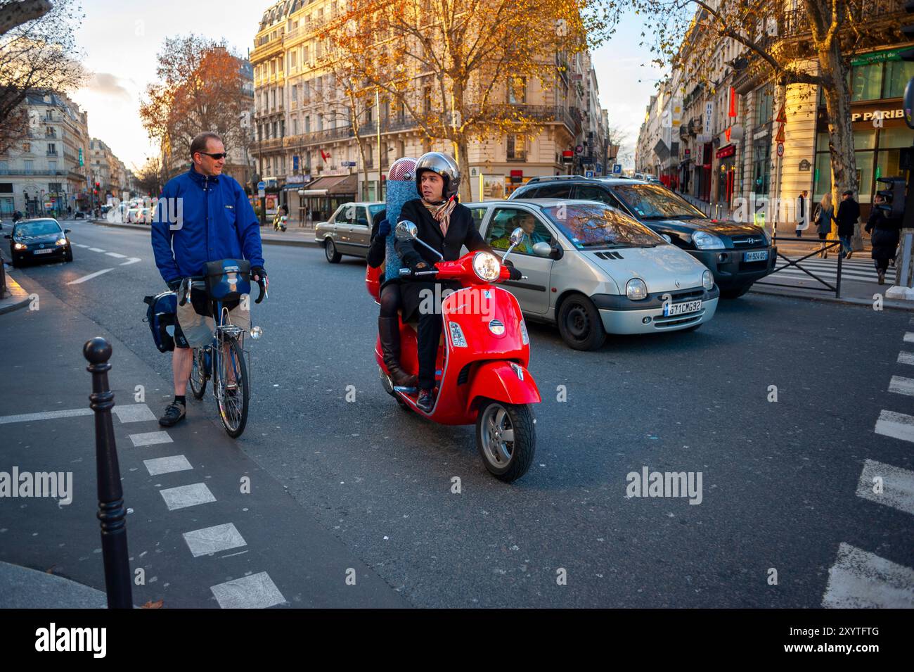 Paris, France, Man Riding "Vespa" Motor Scooter, Man cycling, Street ...