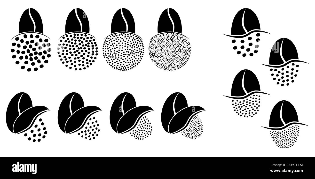 Cartoon roasted coffee beans pictogram. Coffee bean grind, size chart ...