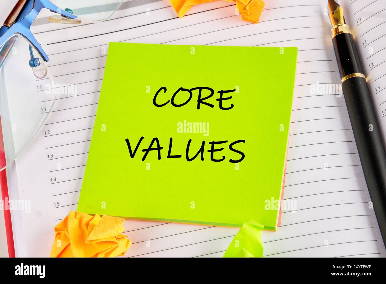 Business and core values concept on a green sticker on the background ...