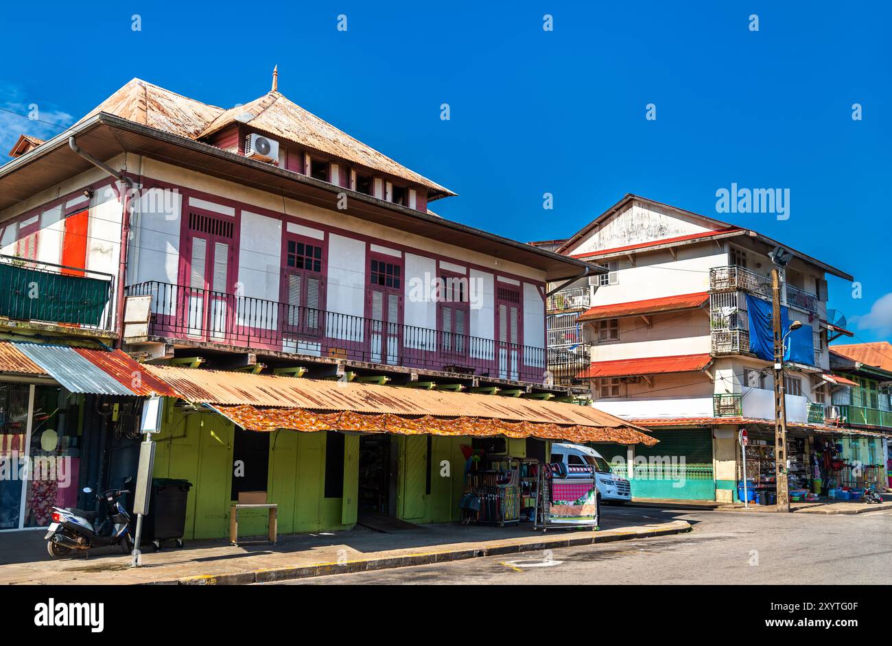 Traditional houses at Place du Coq in Cayenne, the capital of French ...