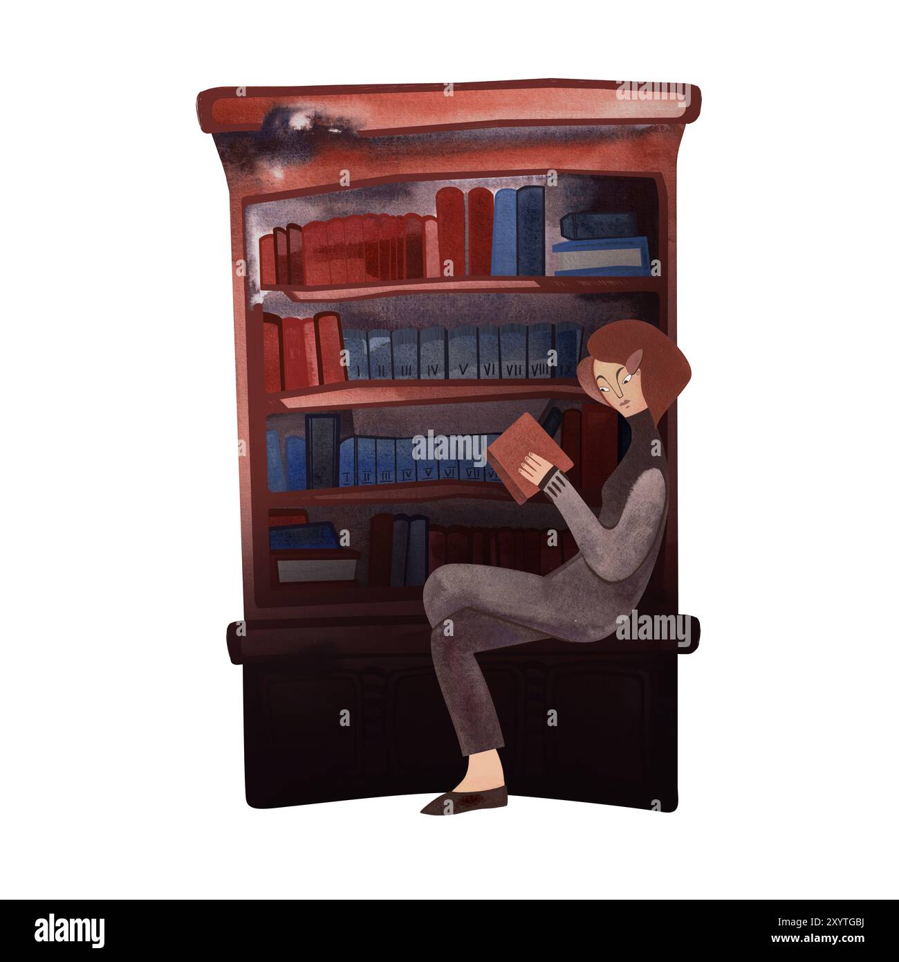 Girl dressed in vintage clothes near bookshelves in library or ...