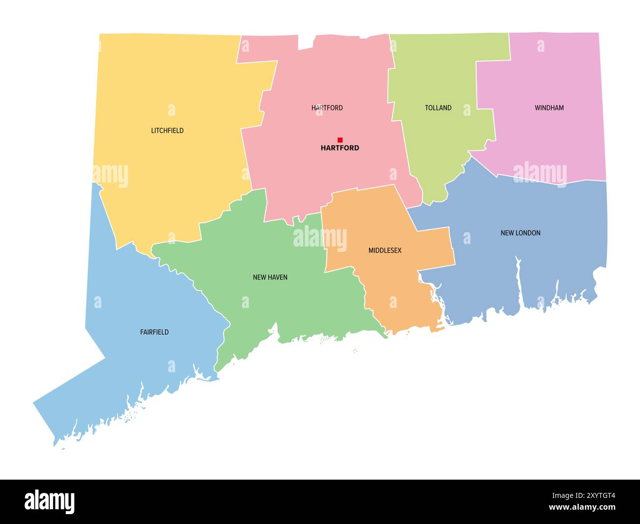 Connecticut, U.S. state, subdivided into 8 counties, multi colored ...