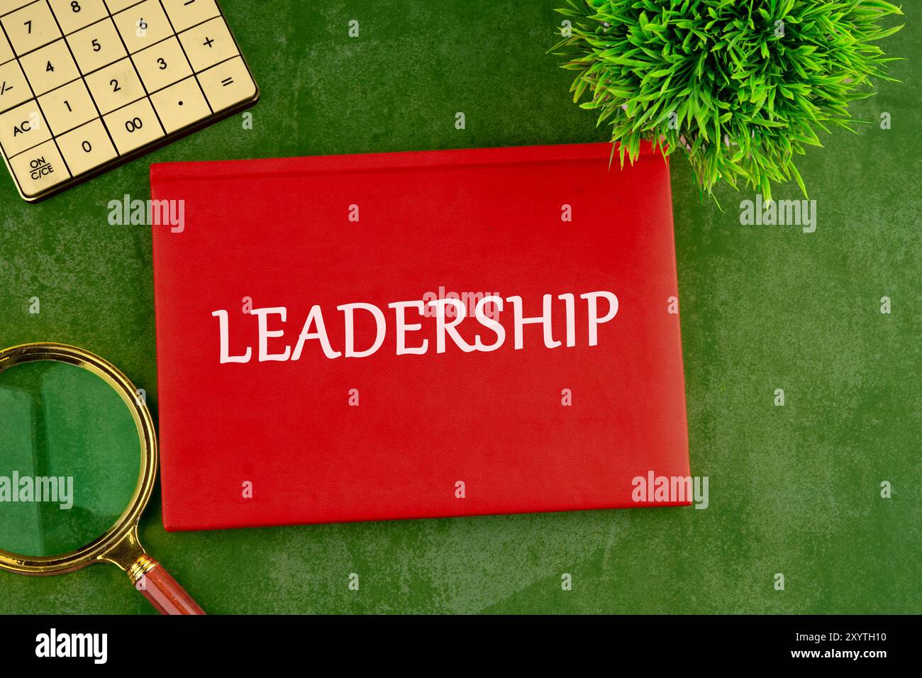LEADERSHIP word written on the cover of a business book on a green ...