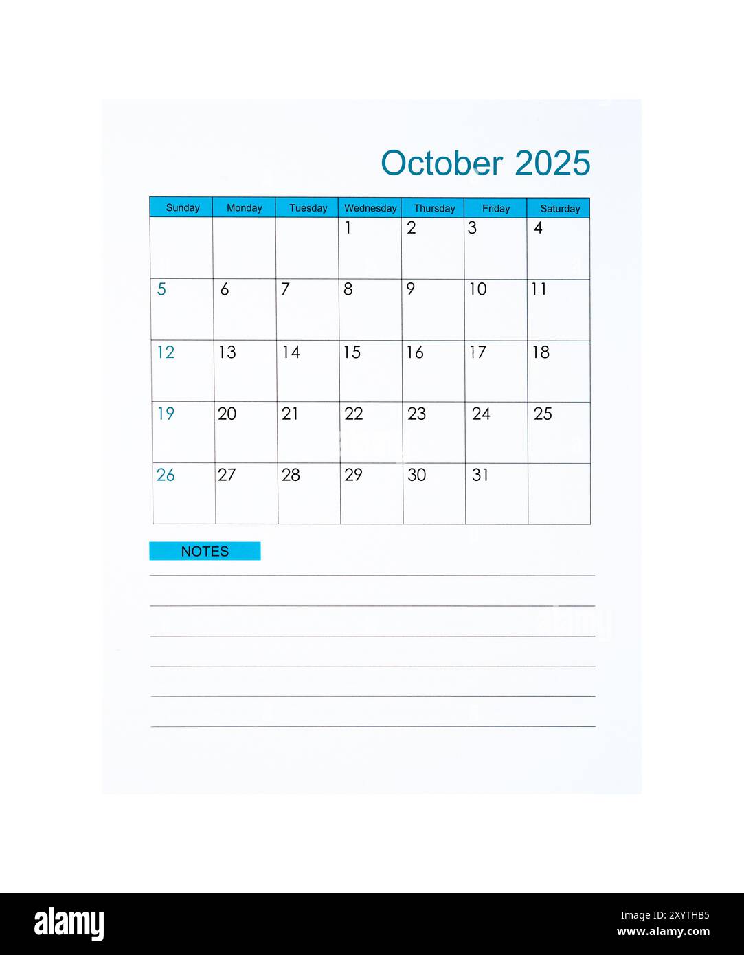 Vertical of October 2025 Calendar page for 2025 year isolated on white ...