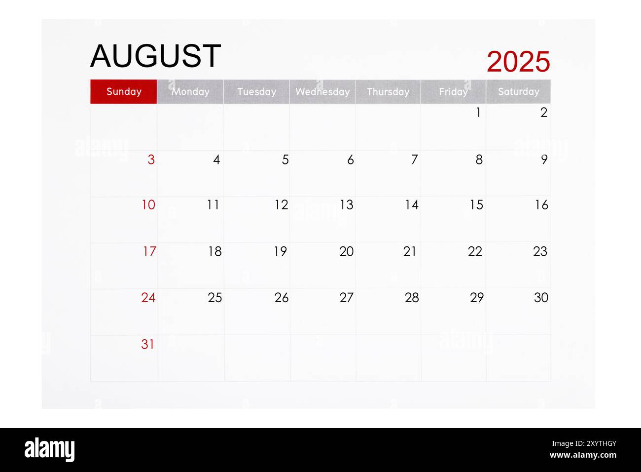 August 2025 monthly calendar page isolated on white background, Saved ...