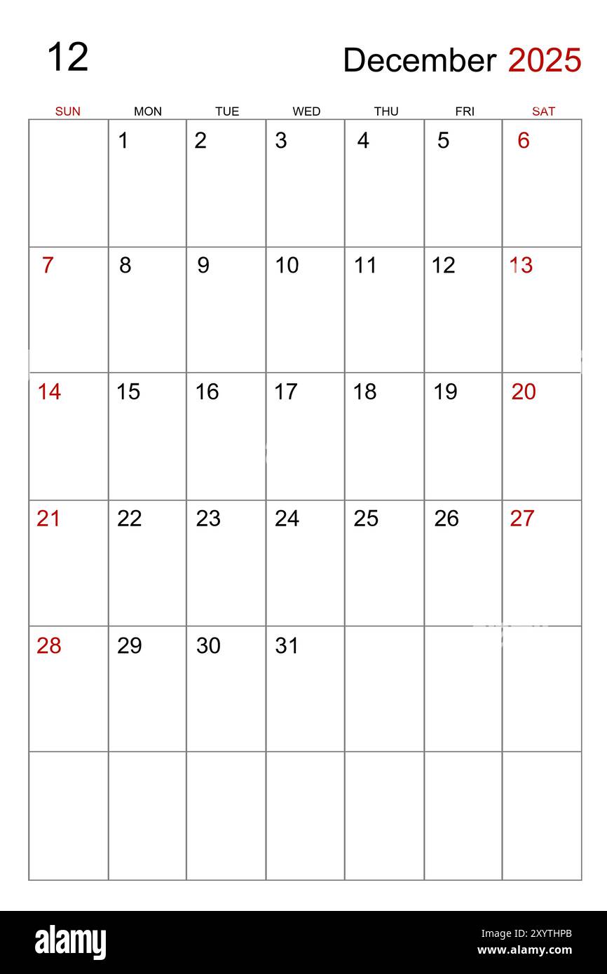 December 2025 calendar vertical template on white background Stock Photo - Alamy