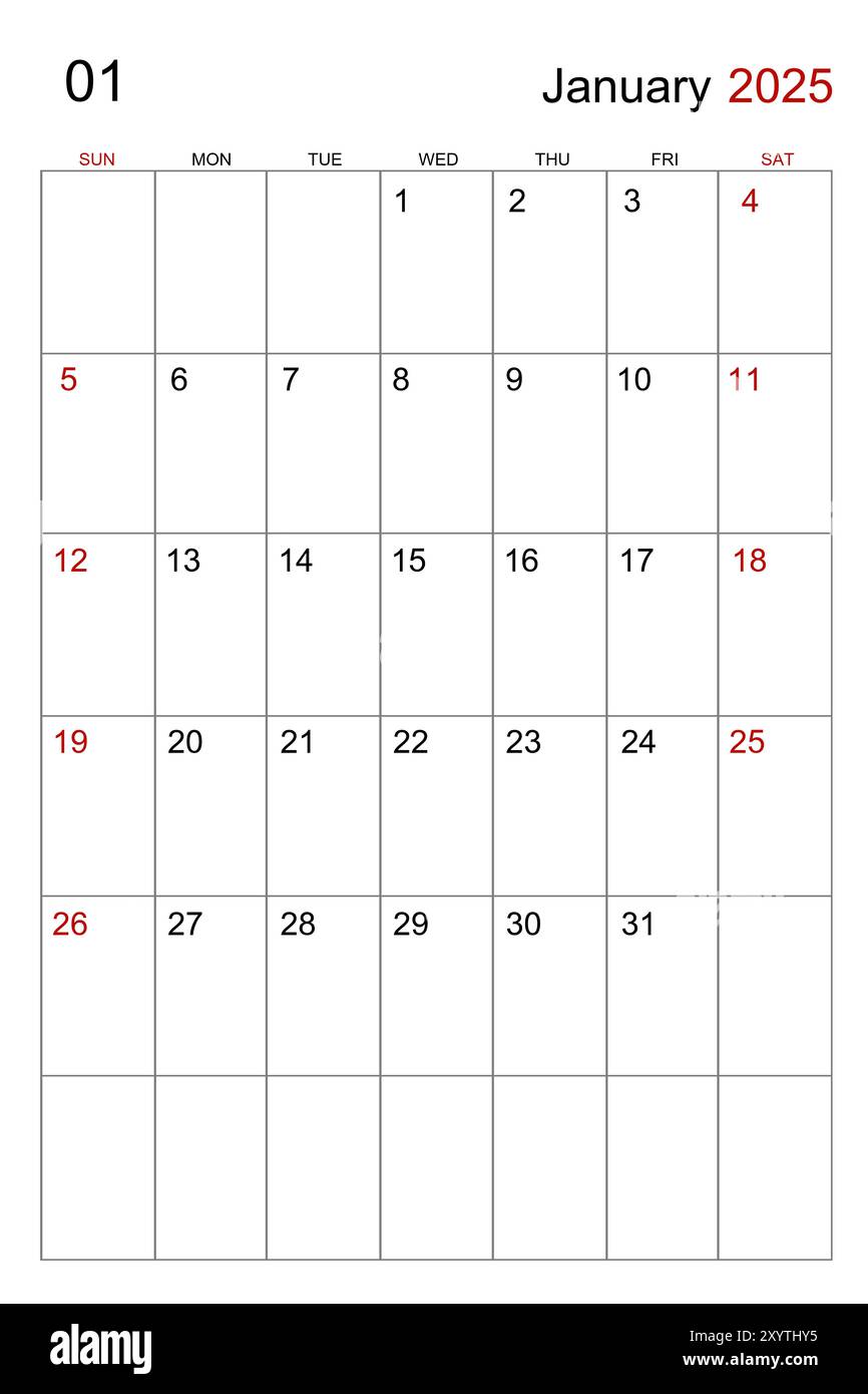 January 2025 calendar vertical template on white background Stock Photo ...