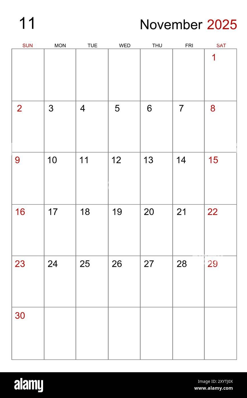 November 2025 calendar vertical template on white background Stock ...