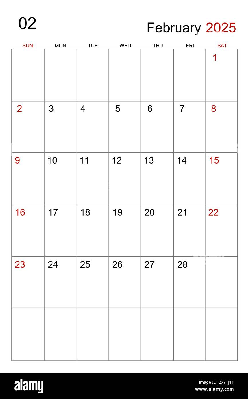February 2025 calendar vertical template on white background Stock ...