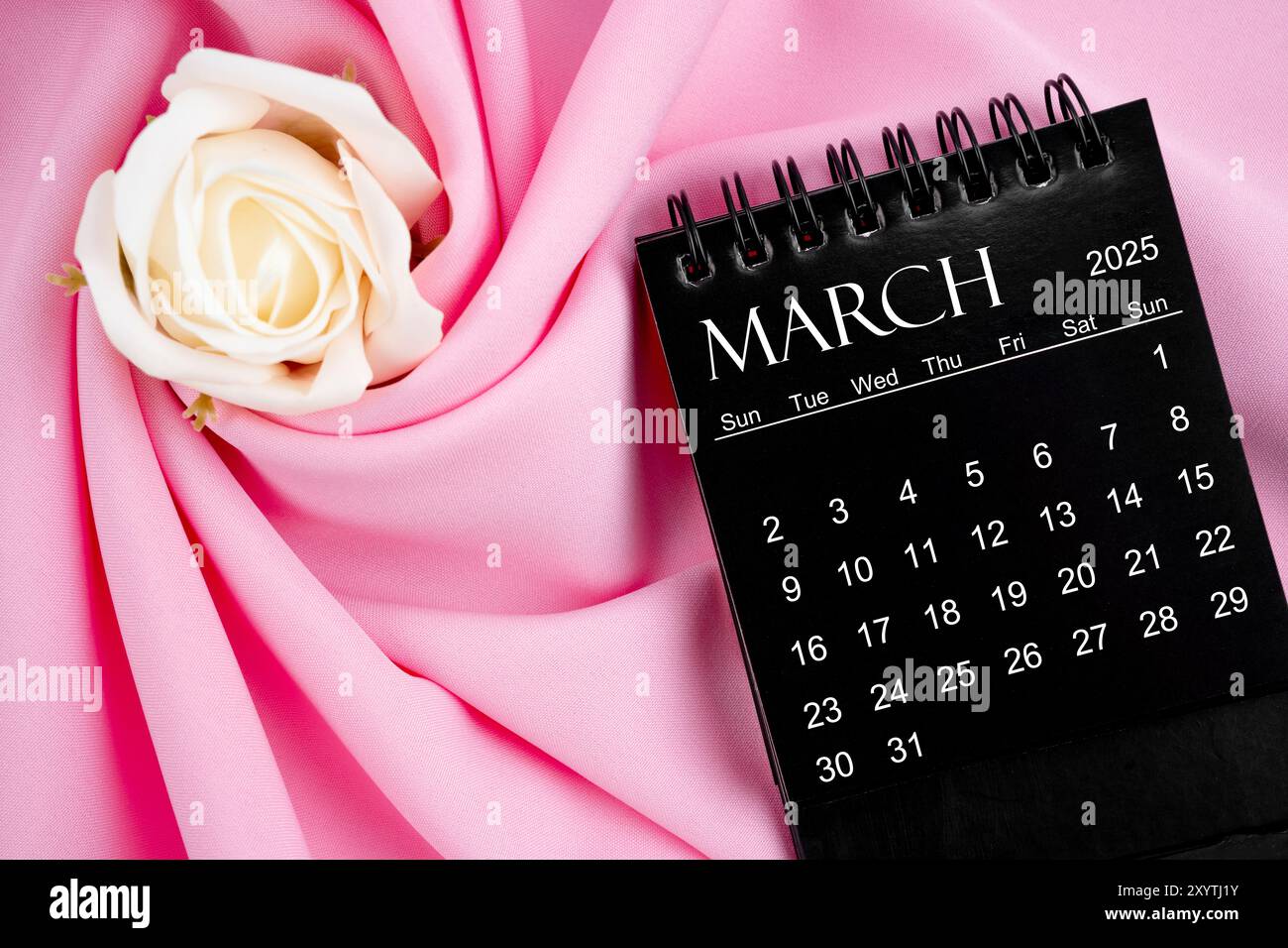 March 2025 desk calendar black color and rose on pink textile ...