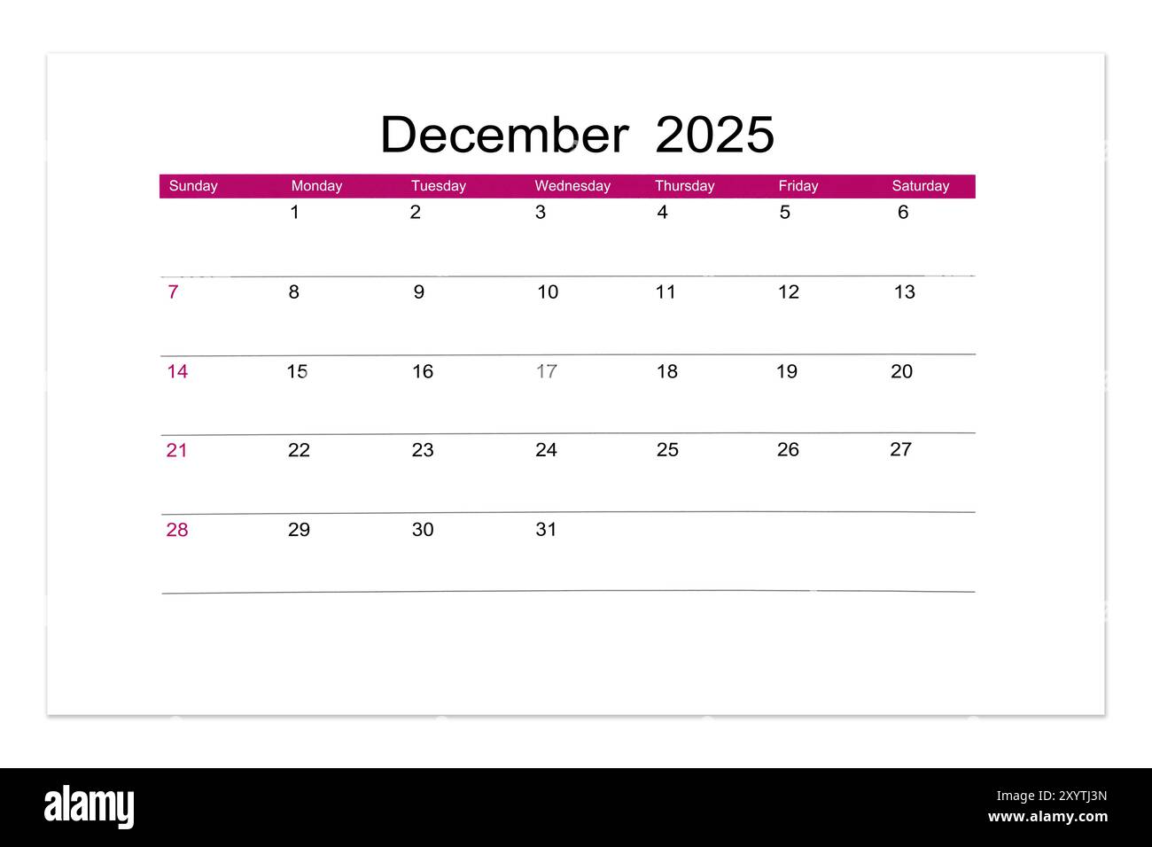 December 2025 Calendar page for 2025 year isolated on white background ...