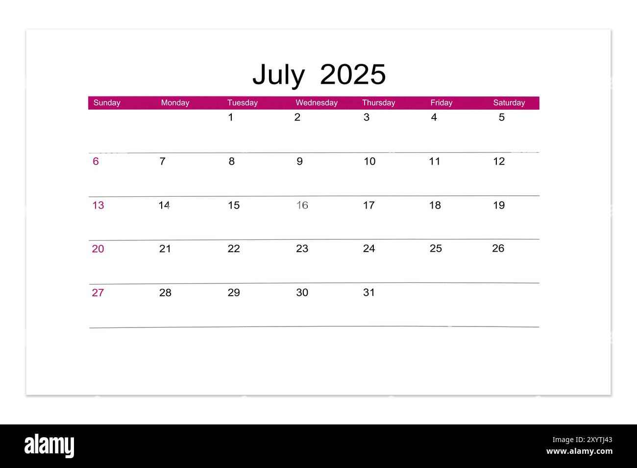 July 2025 Calendar page for 2025 year isolated on white background ...