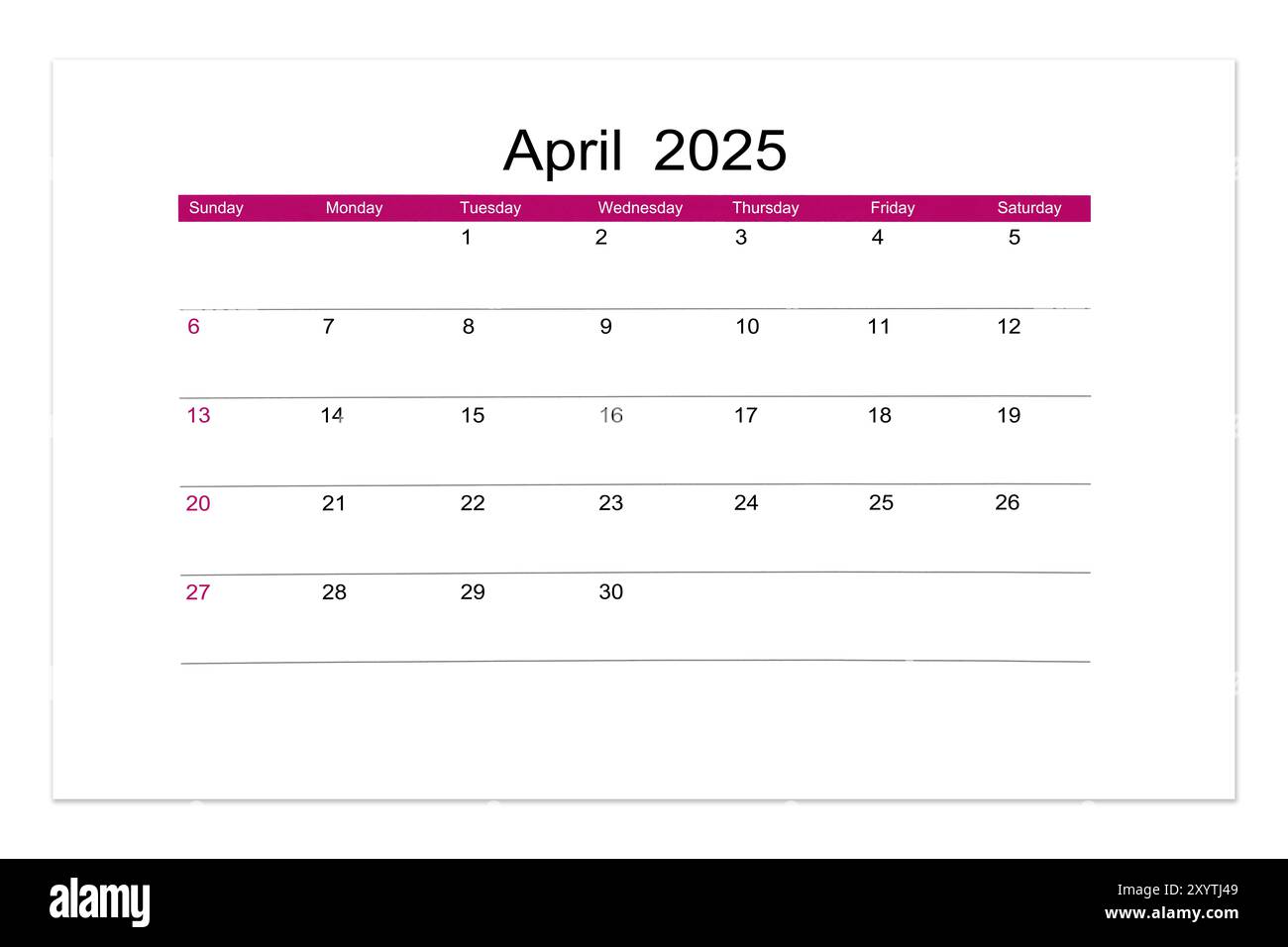 April 2025 Calendar page for 2025 year isolated on white background ...