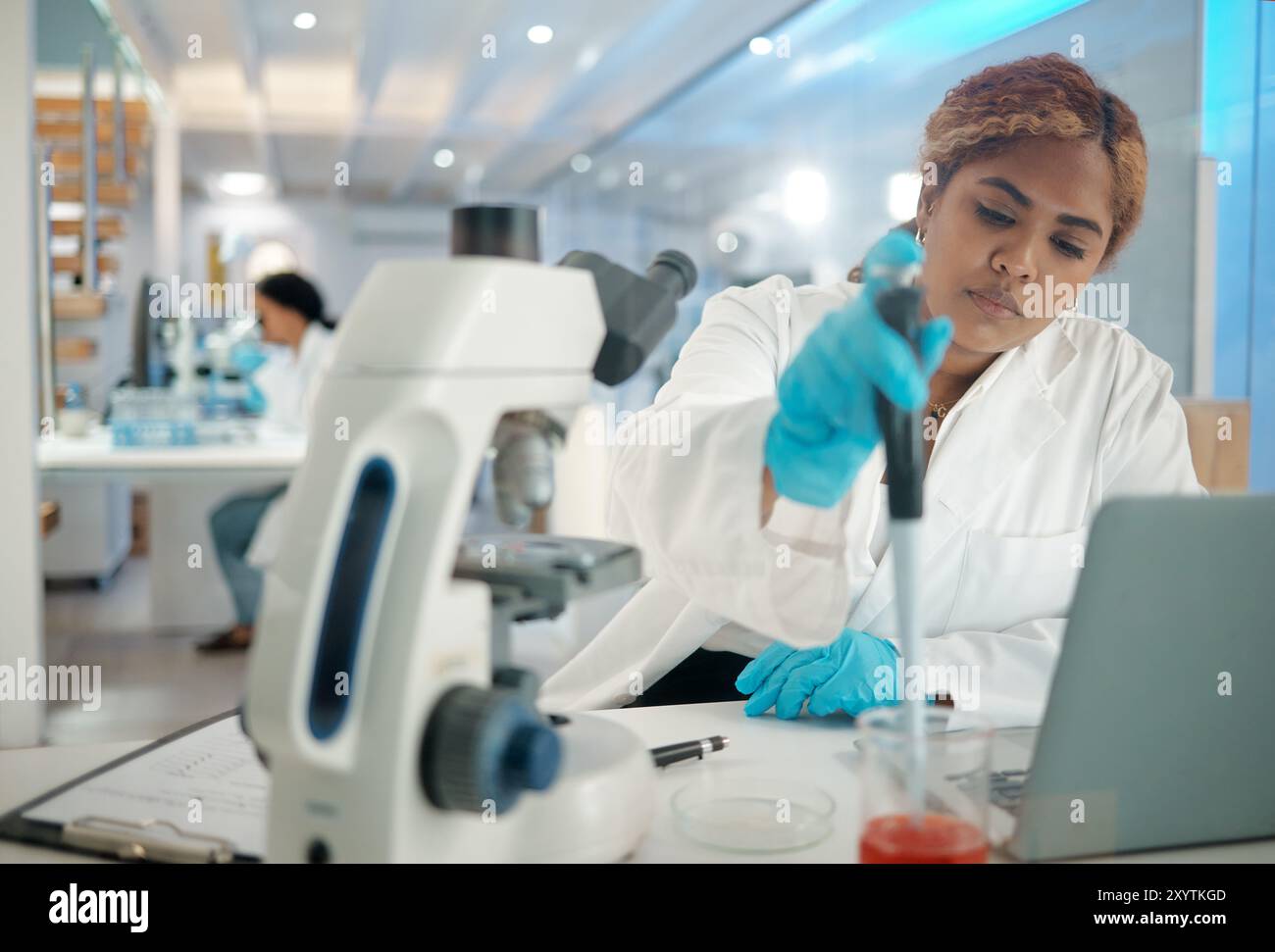 Scientist, pipette and petri dish in lab for experiment, biotechnology ...