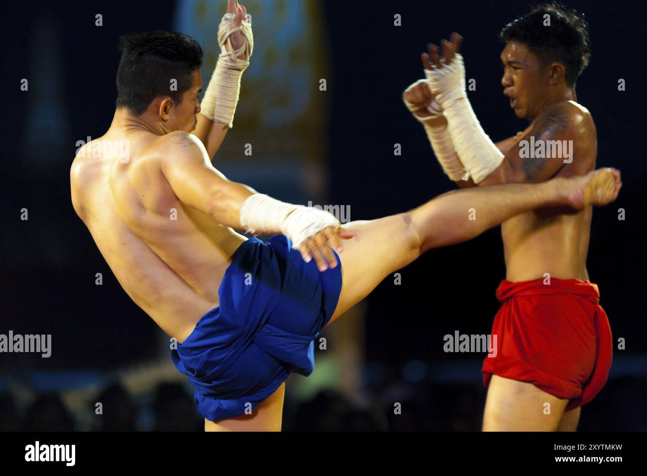 Bangkok, Thailand, April 10, 2007: Muay Thai kickboxer with wrapped ...