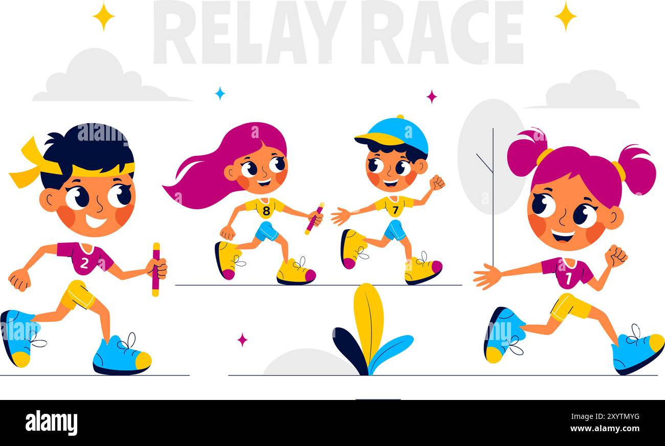 Relay Race Vector Illustration by Passing the Baton to Teammates Until ...