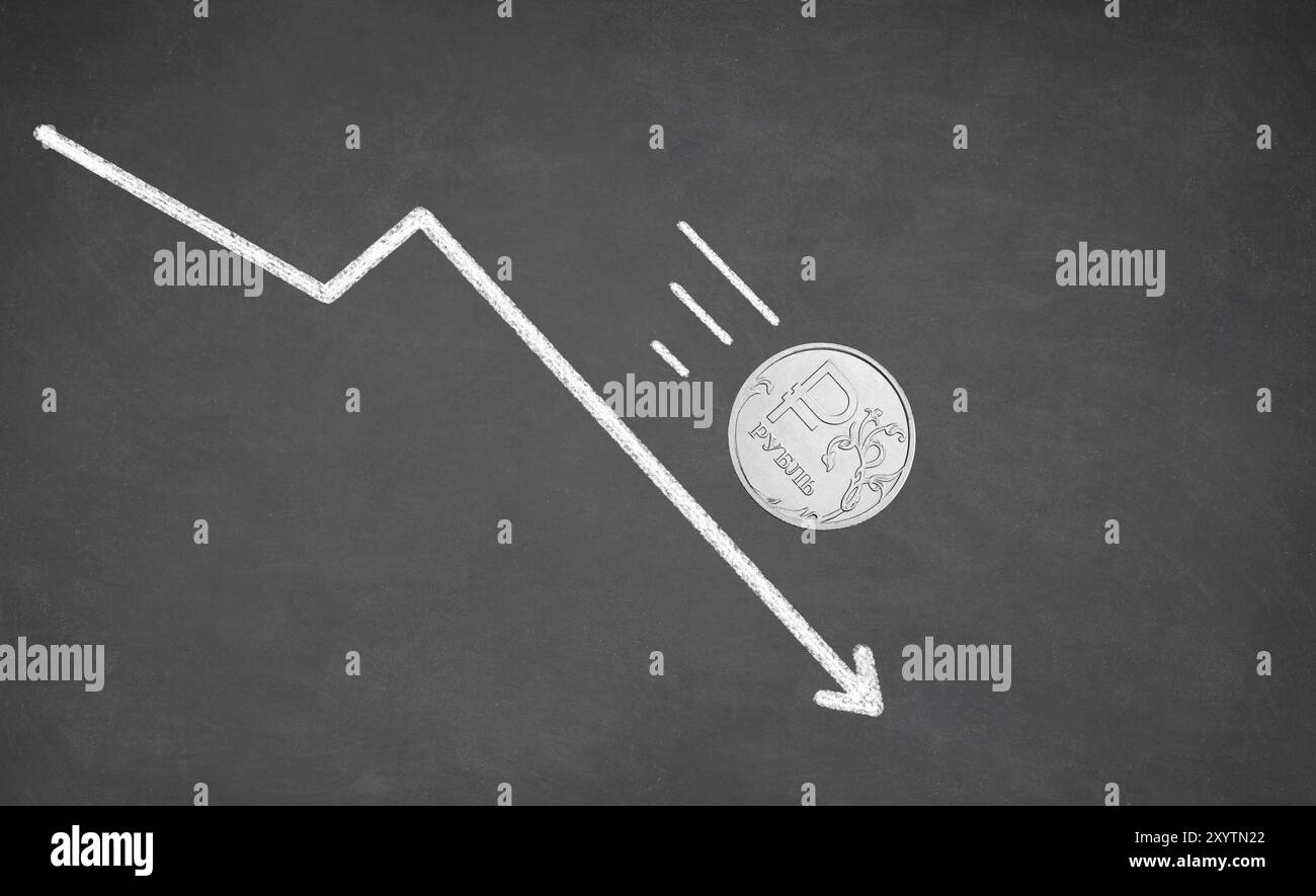 Falling Ruble money cash. Arrow falling down. Drawn with white chalk on ...