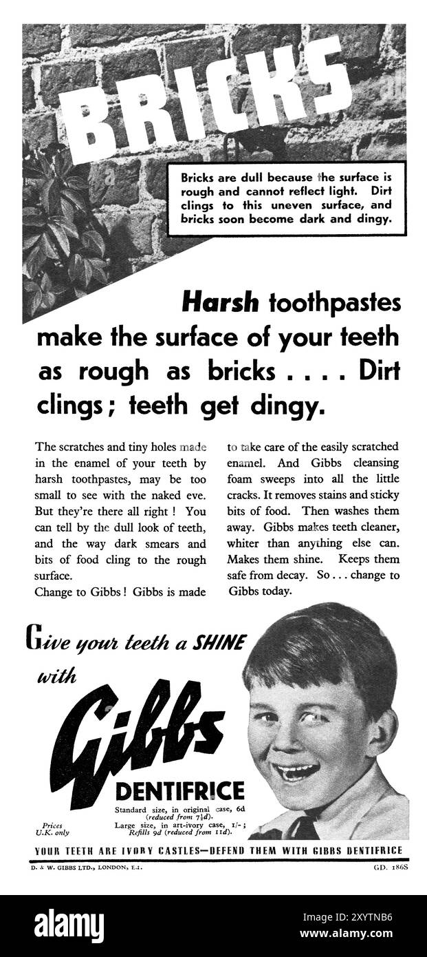 1939 British toothpaste advertisement for Gibbs Dentifrice Stock Photo ...