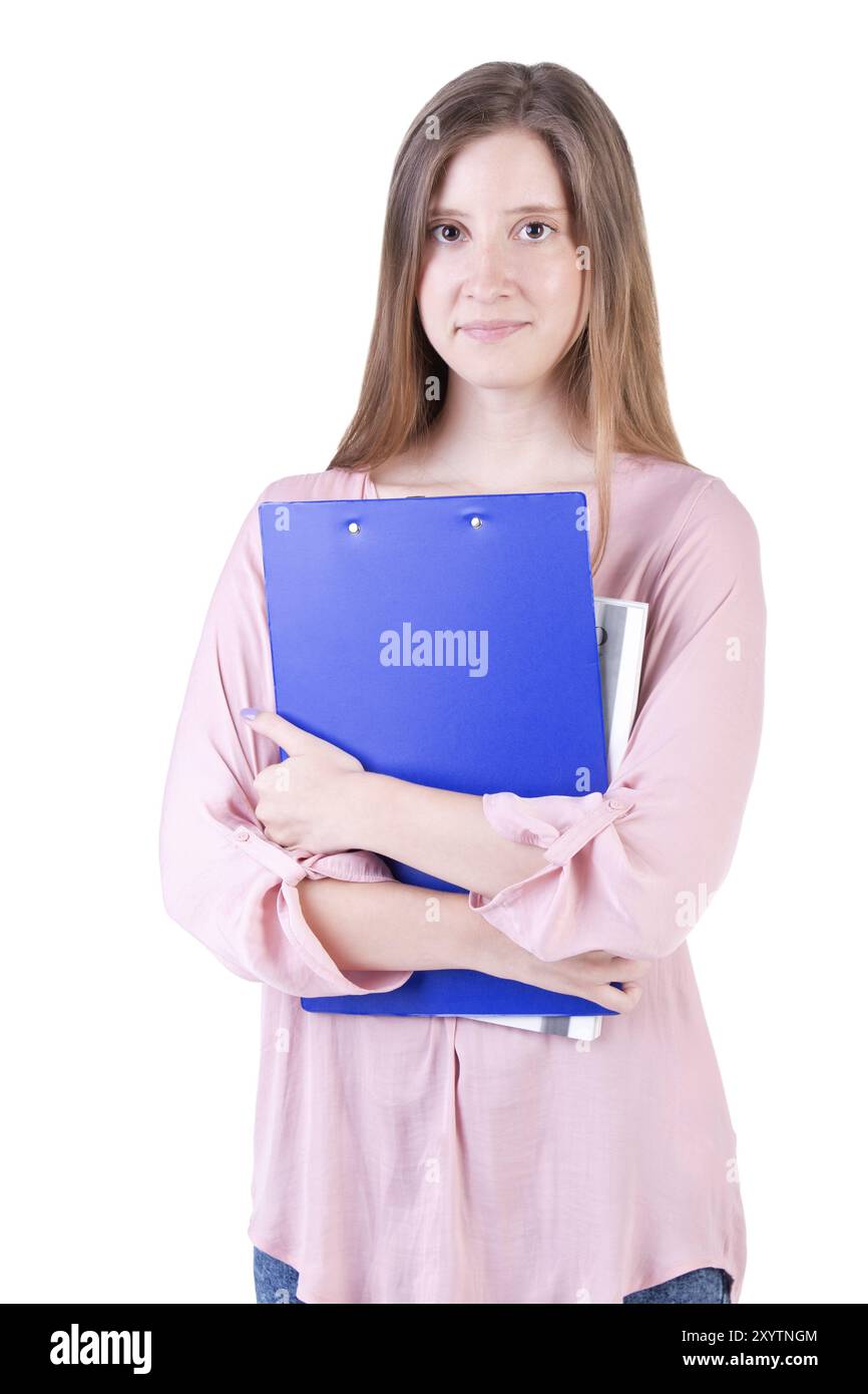 Young woman carrying notebooks in her arms, isolated in white Stock ...