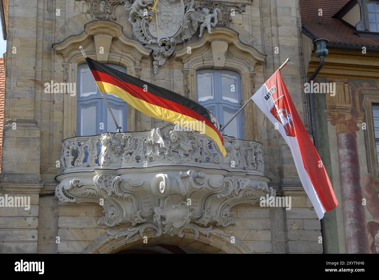 The flags of Germany and Bamberg at the town hall, Bamberg, Franconia ...
