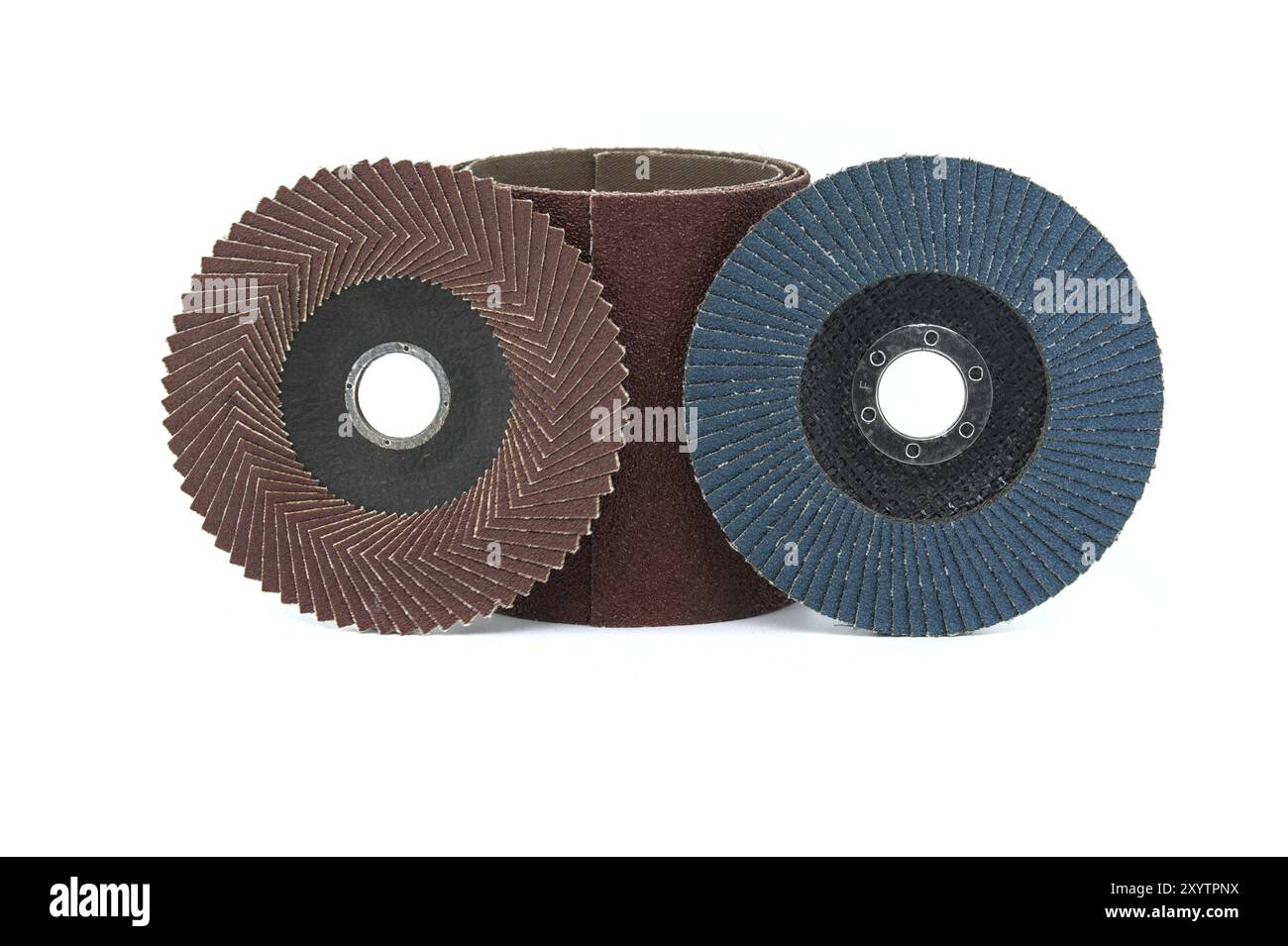 Array of abrasive discs in close-up view isolated on white background ...
