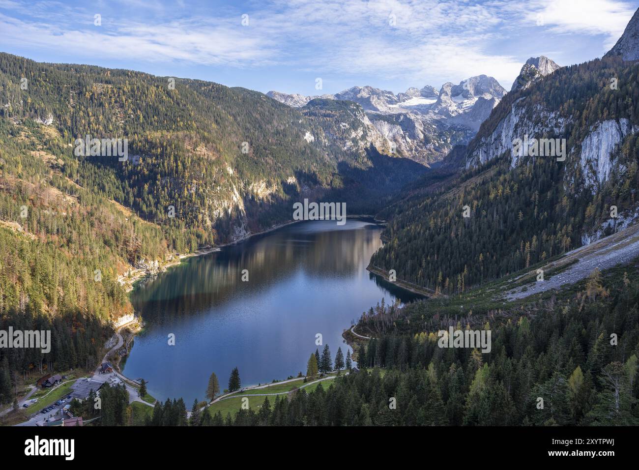 The Vordere Gosausee and the Dachstein mountains in autumn. The ...