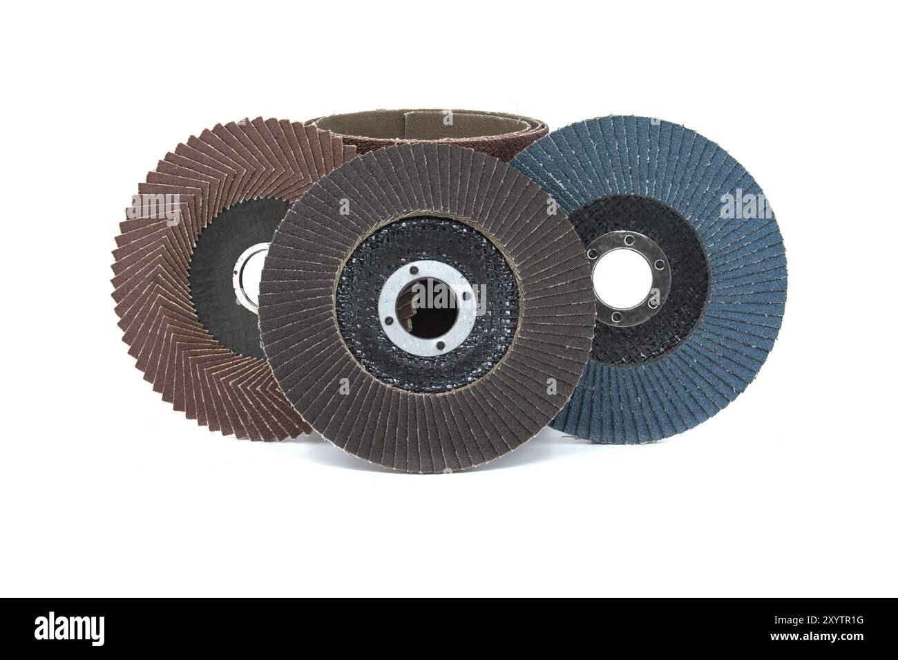 Sanding discs and sandpaper in close-up view isolated on white ...