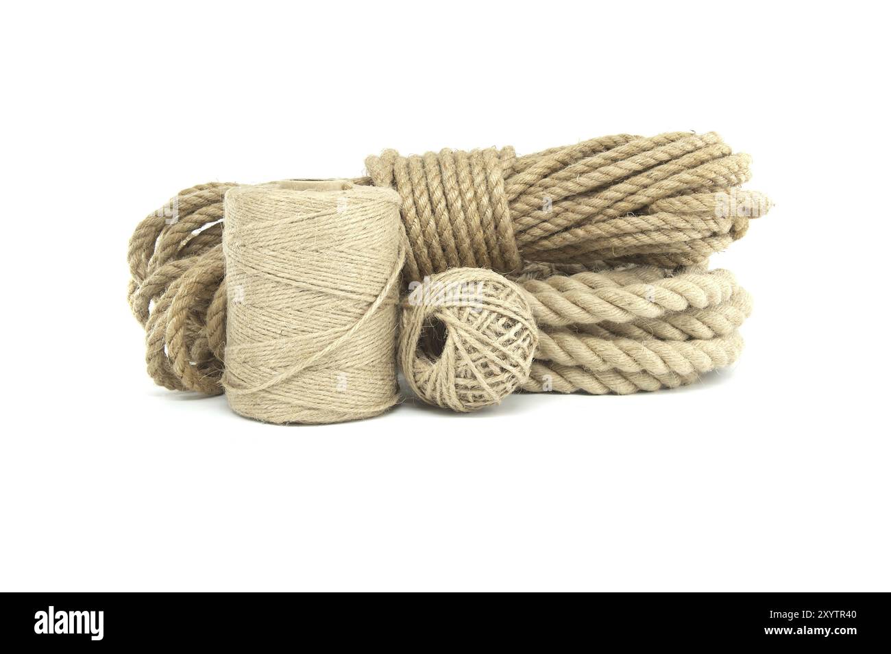 Collection of jute ropes and twines isolated on white background Stock ...