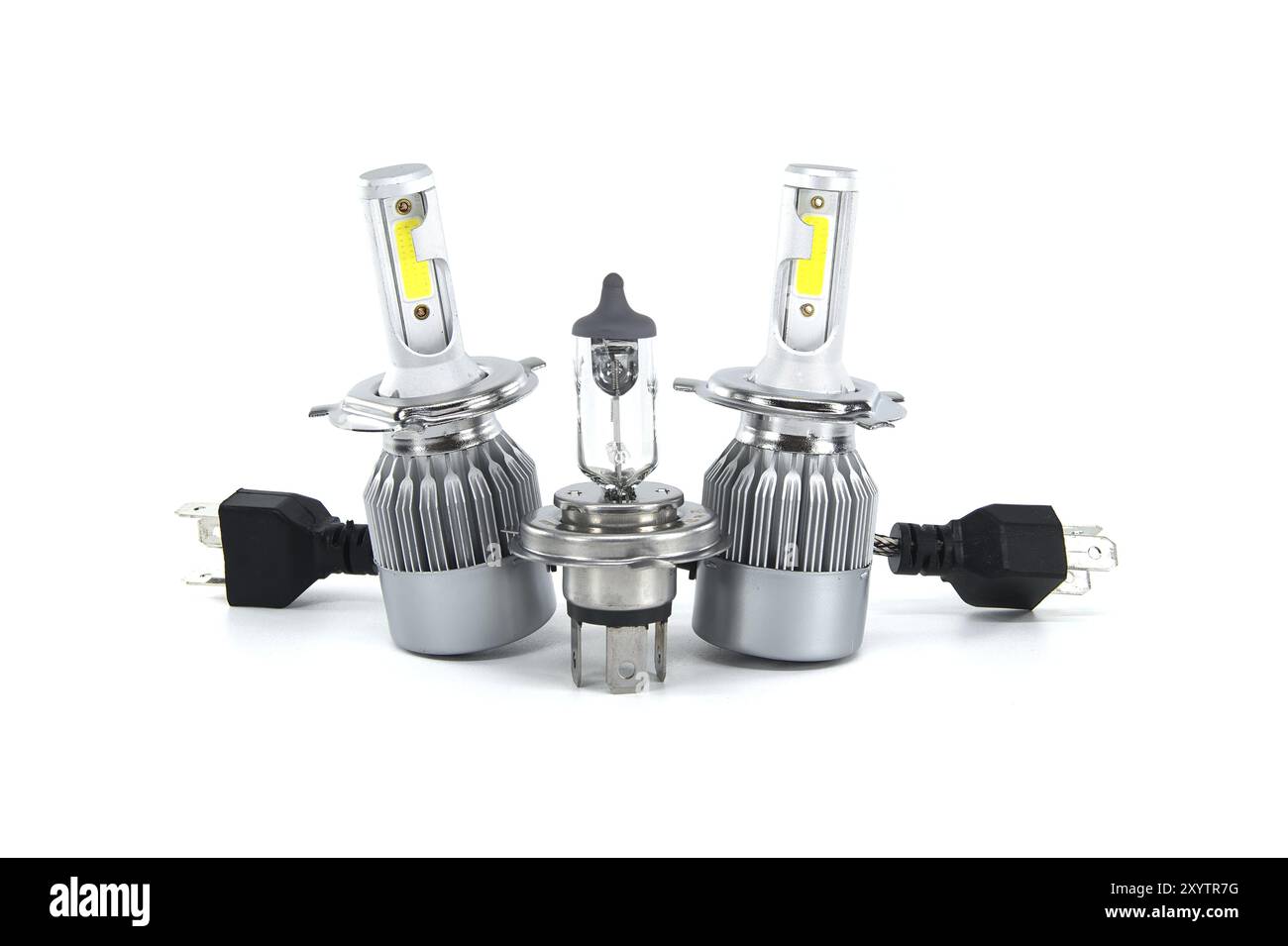 H4 halogen lamp and LED headlight bulbs isolated on white background ...