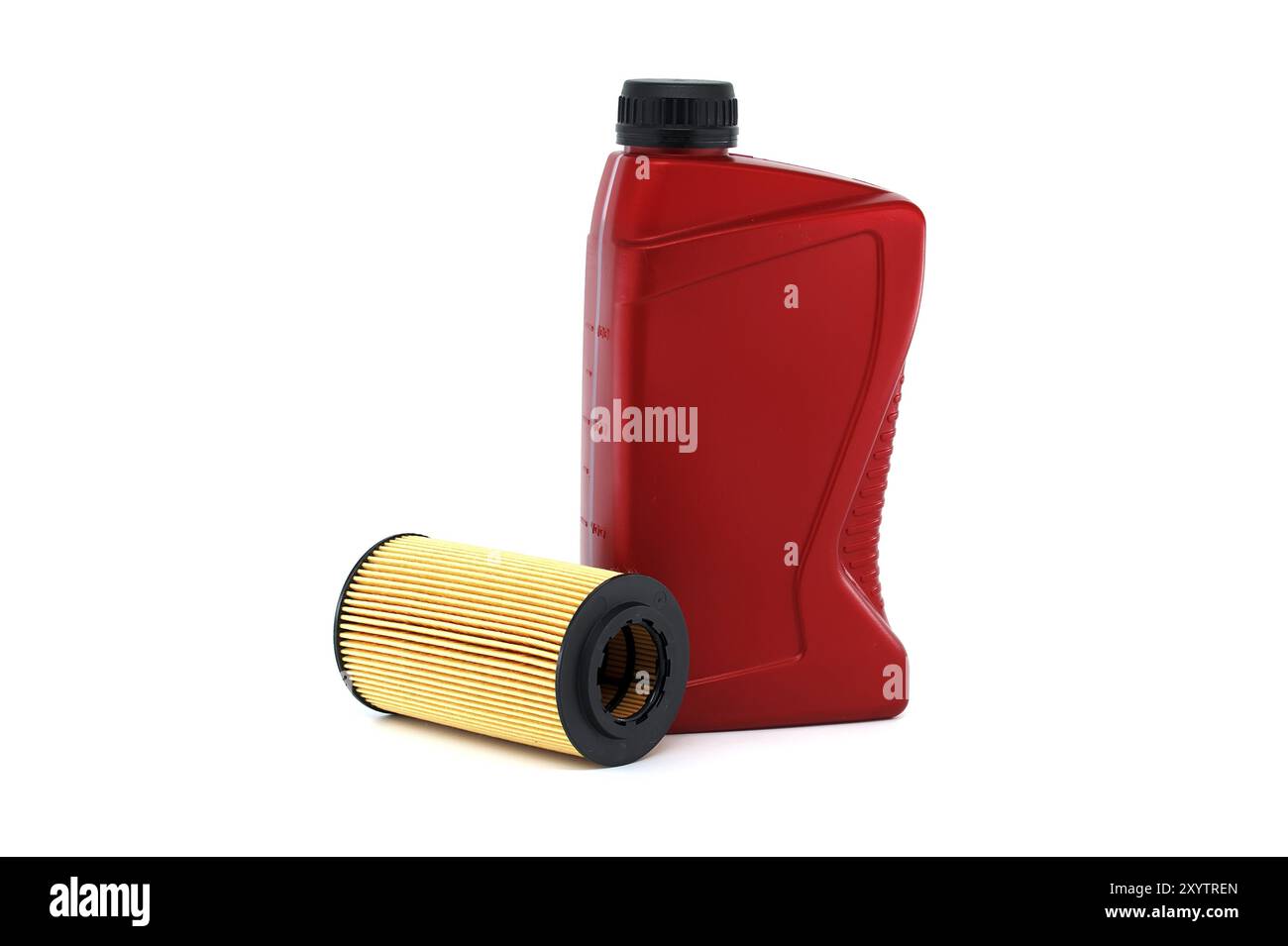 Red motor oil canister and filter isolated on white background ...