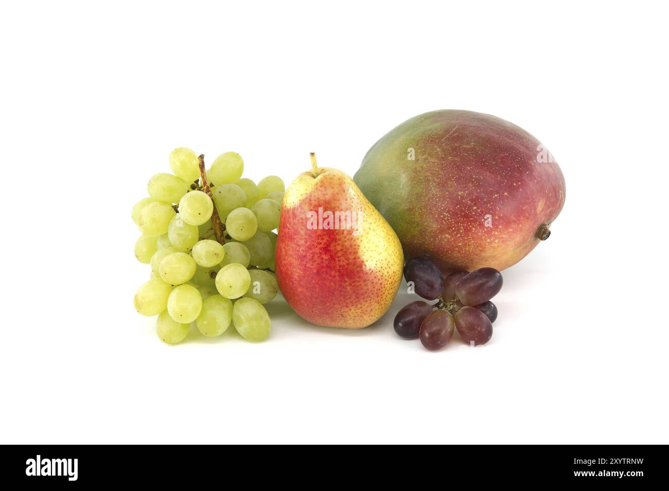 Fresh multicolored ripe pears and mango fruits, red and green grapes ...