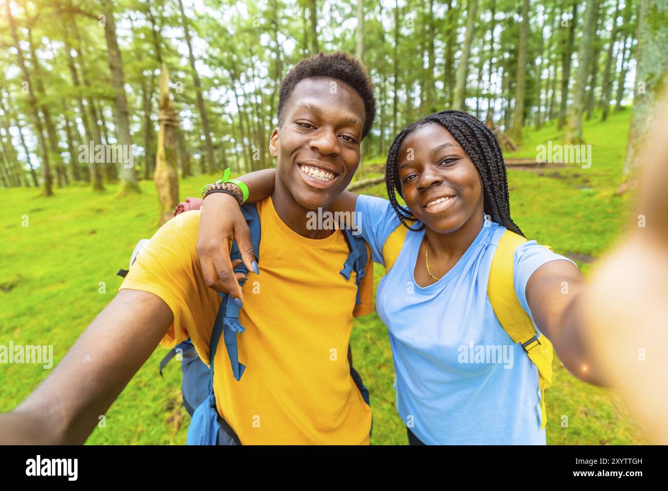 African friends during selfie moment while hiking in the forest Stock ...
