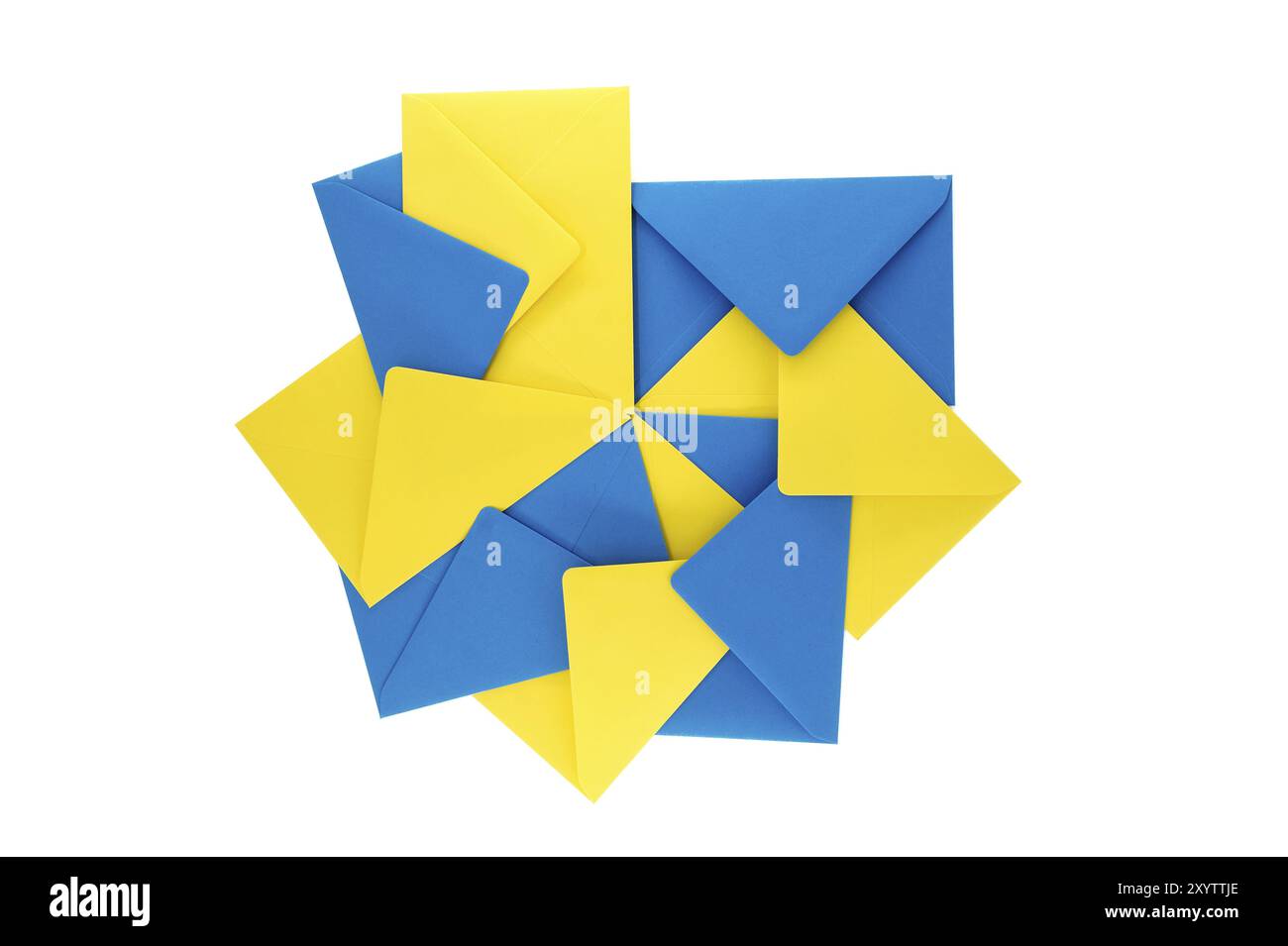 Collection of blue and yellow paper envelopes arranged against a white ...