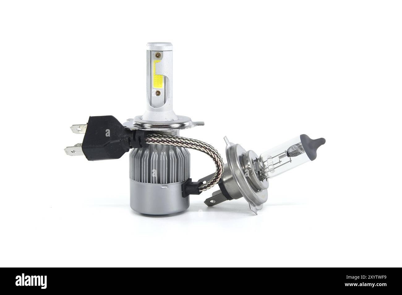 Car H4 LED and halogen headlight bulbs isolated on white background ...