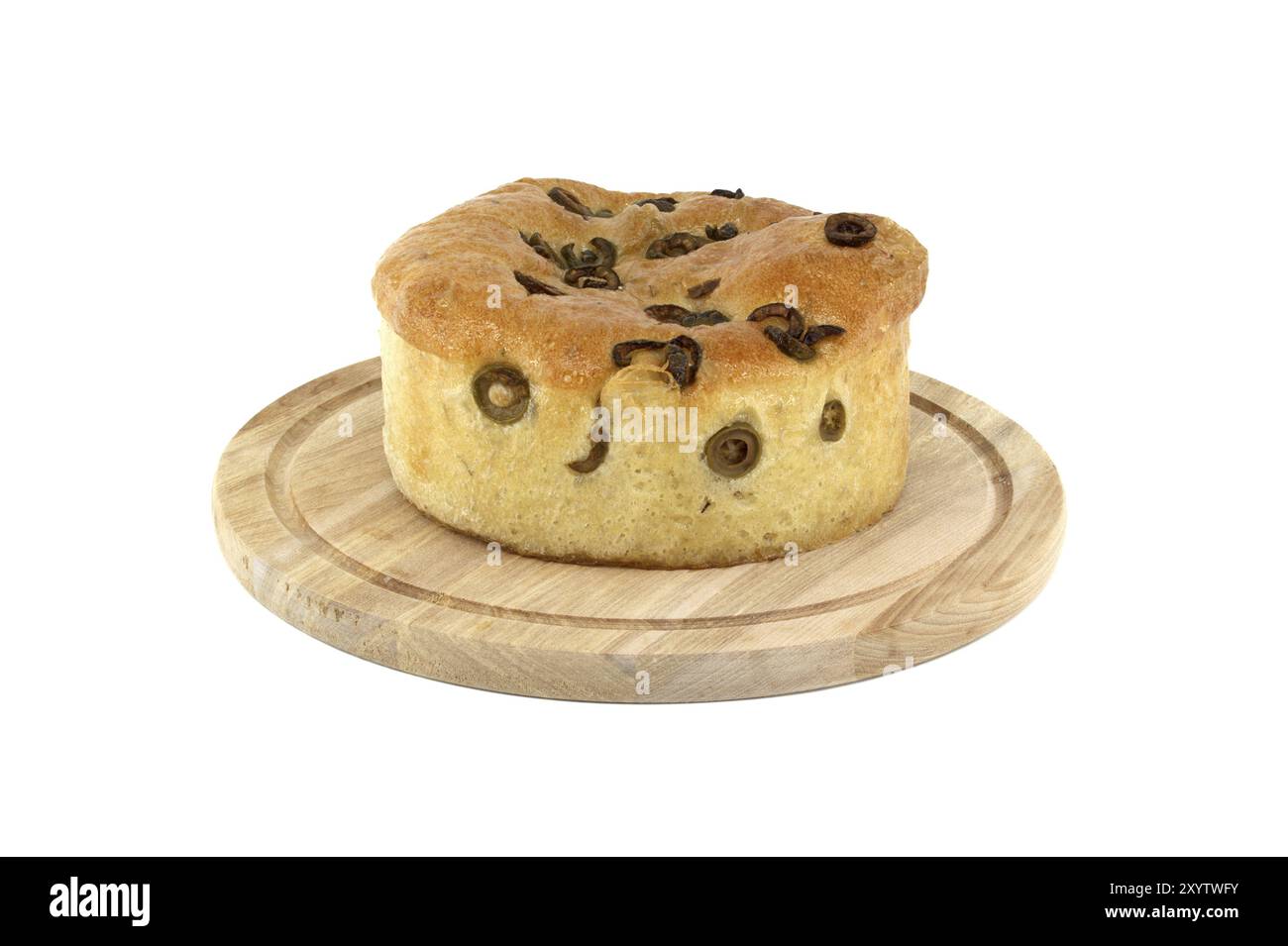 Round focaccia bread with olives isolated on white background Stock ...