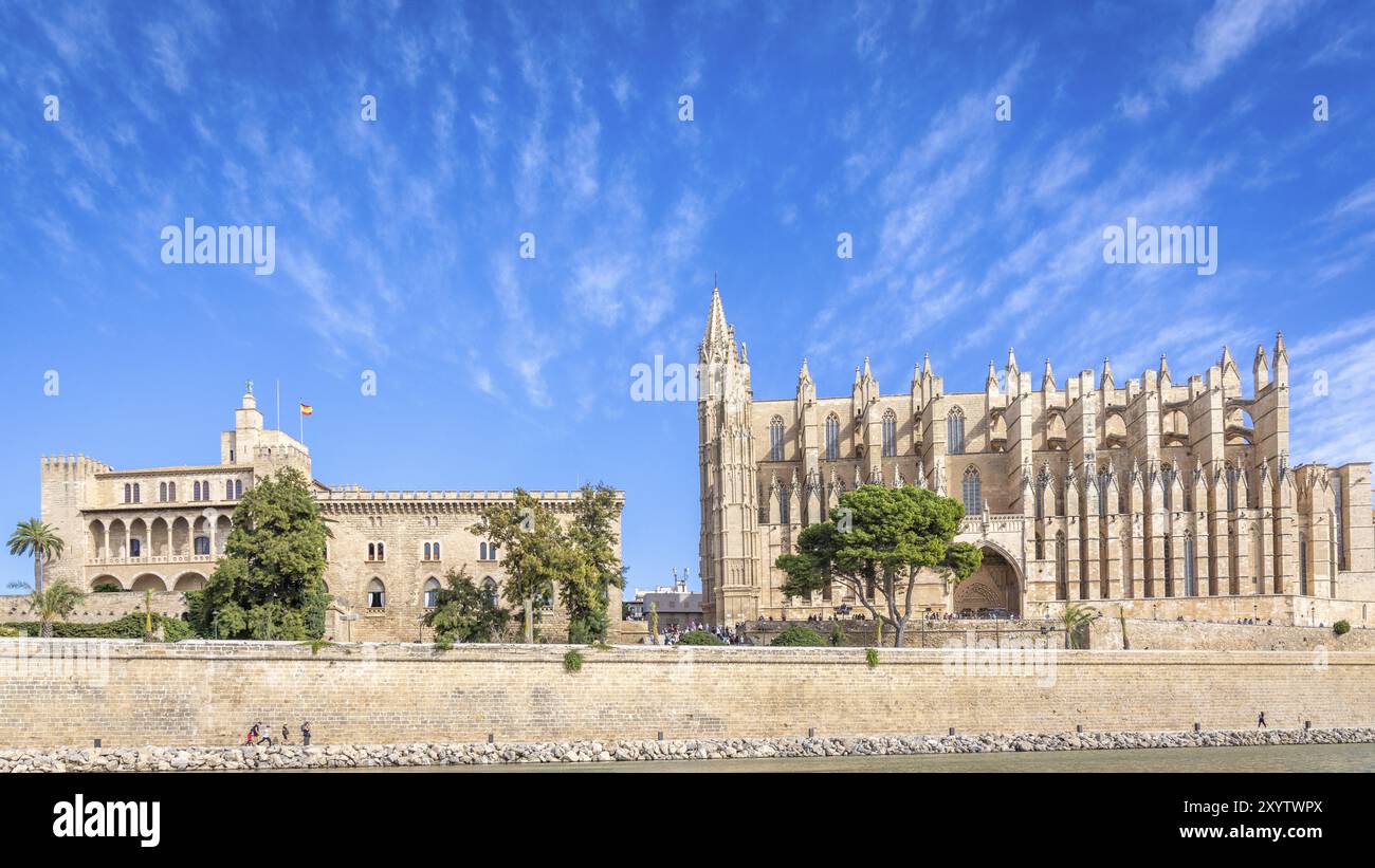 Royal Palace La Almudaina and La Seu Cathedral, in front Parc de Mar ...