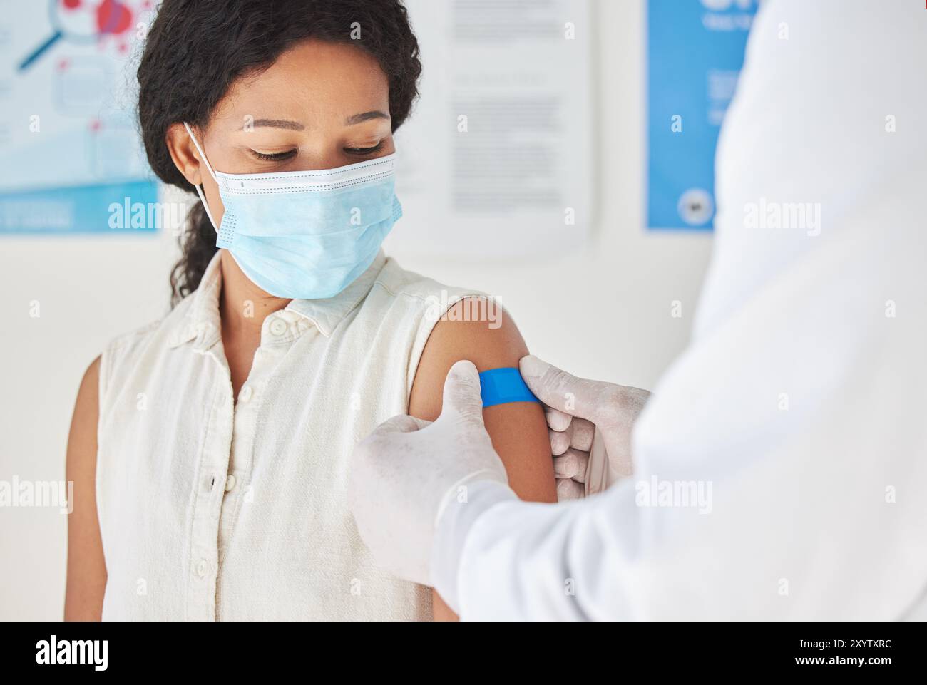 Doctor, injection and woman with bandage in clinic for healthcare ...