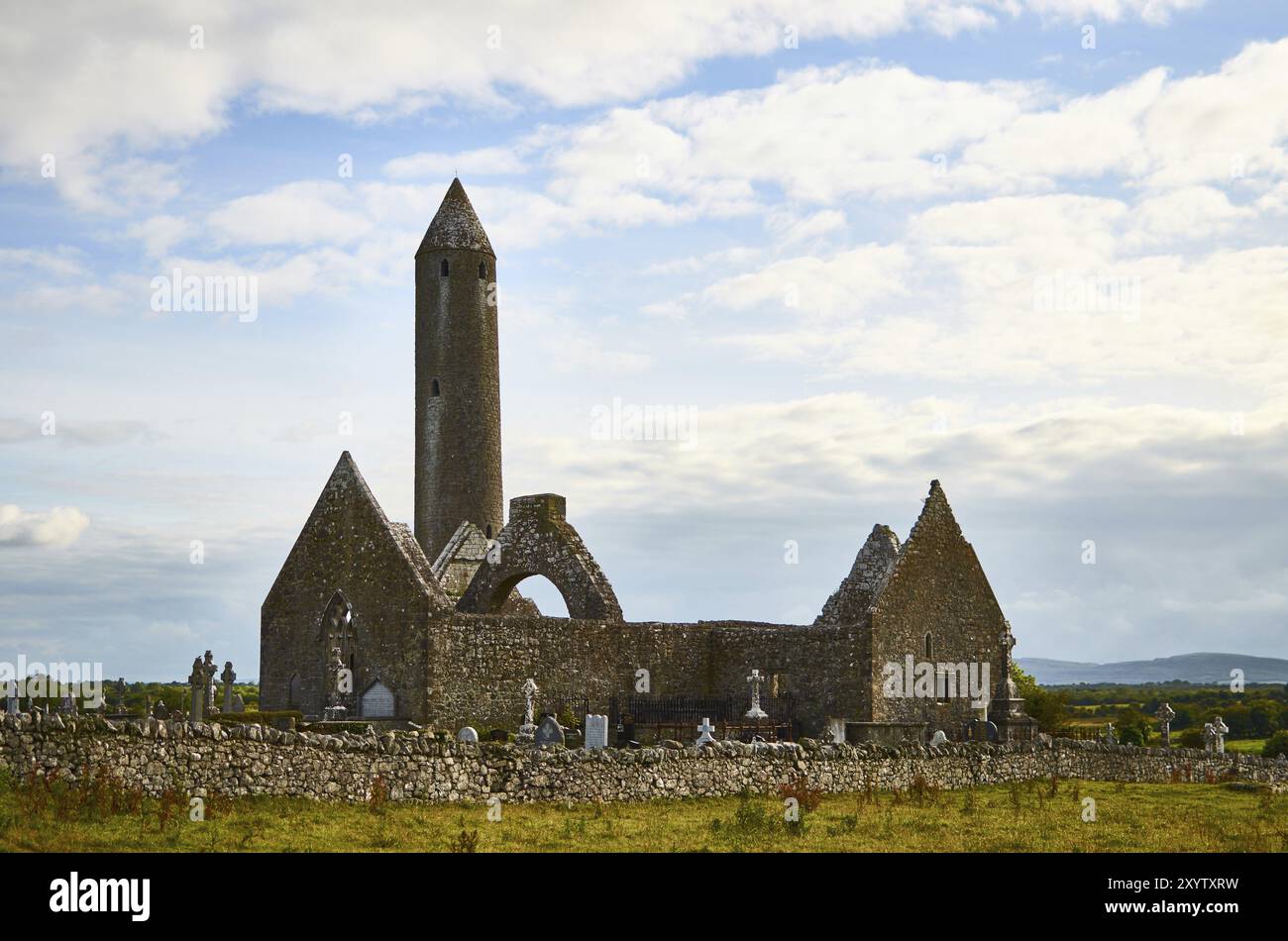 Irish celtic landscape concept. Medieval ruins of a temple and ...