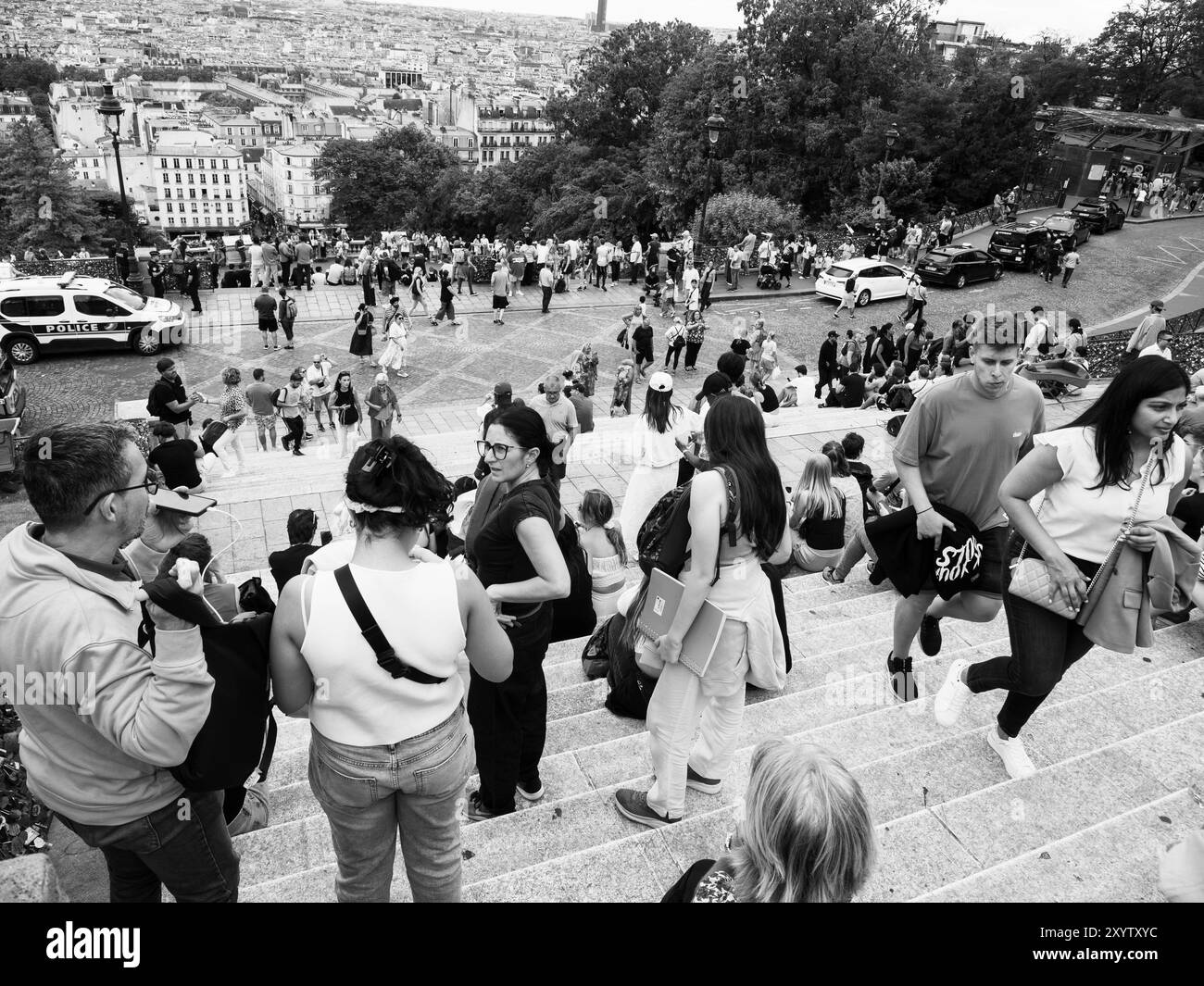 Black and White, View of Paris, Tourists on the Steps of Basilique du ...