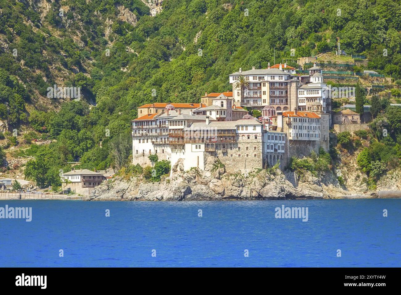 Close up Agia Grigoriou Orthodox monastery at Mount Athos, Agion Oros ...