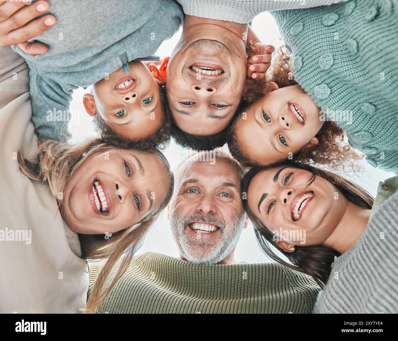 Circle, happy and portrait of family generations by sky for bonding ...