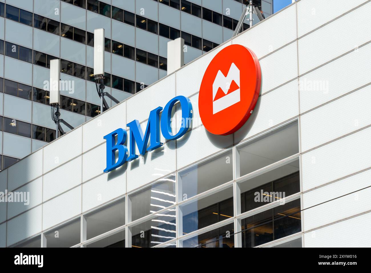 Close up of BMO sign and logo on the building in Toronto, Canada Stock ...