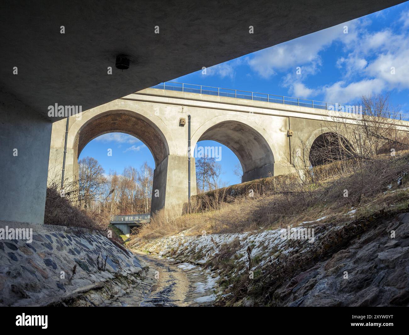 Railway aqueduct crossing street and small stream Stock Photo - Alamy