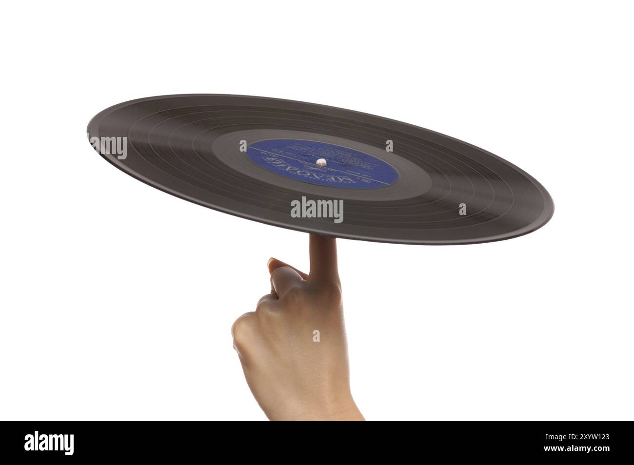 Vinyl record rotating on a finger isolated silhouette on white ...