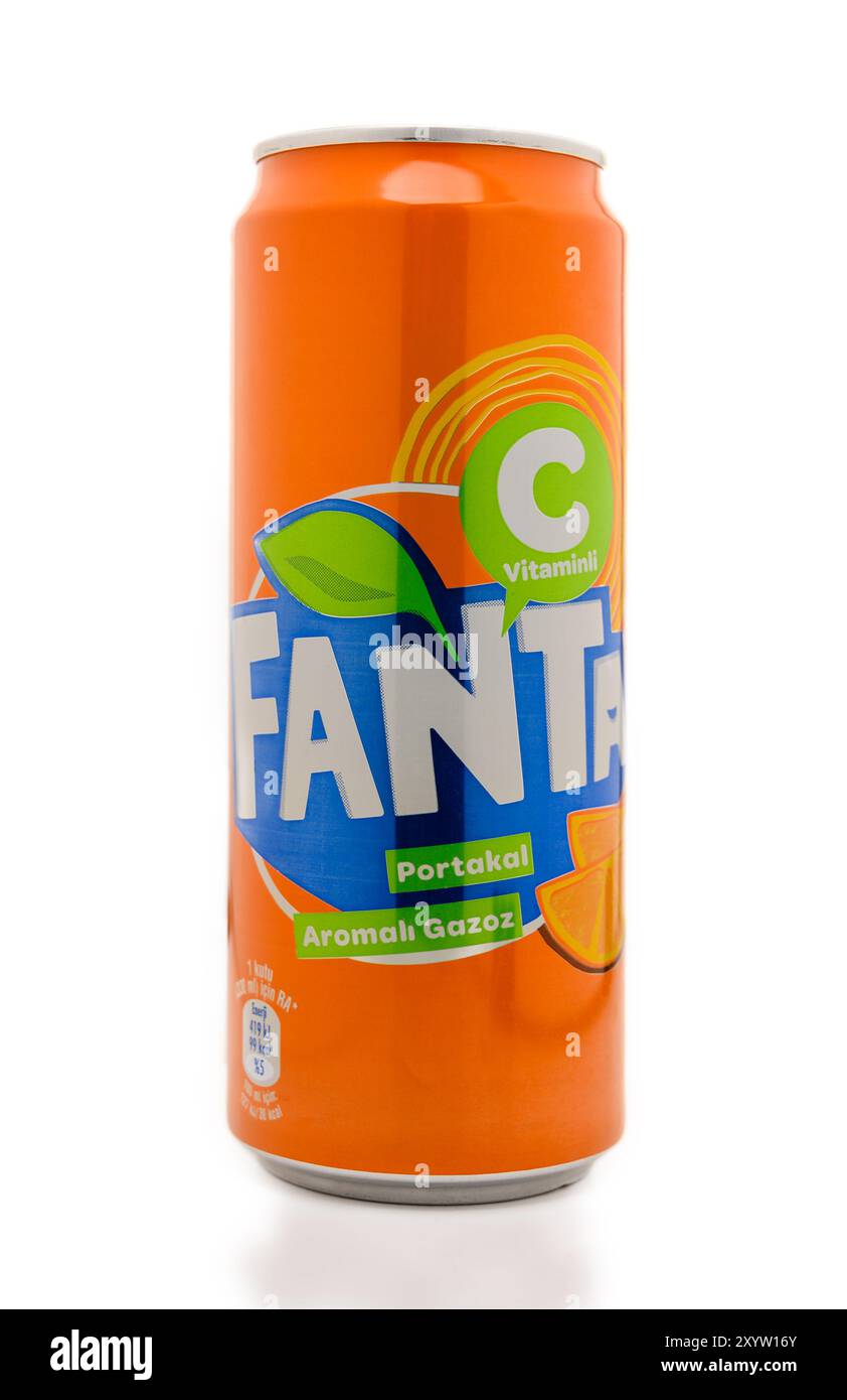 Gaziveren, Cyprus -08.13.2024 Fanta orange soda drink on white.produced ...