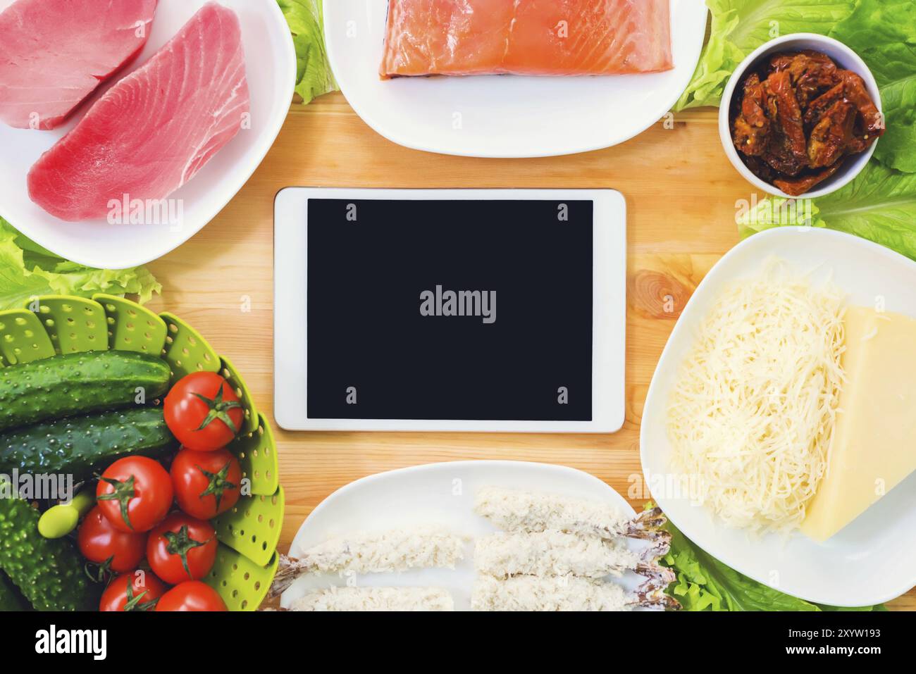 Still life on a wooden table lie products between which the center is a ...