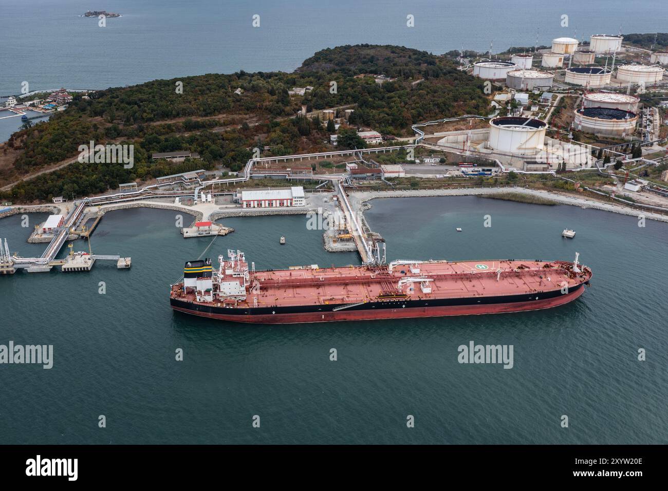 Aerial view to a oil port of oil refinery Lukoil on Black Sea near to ...