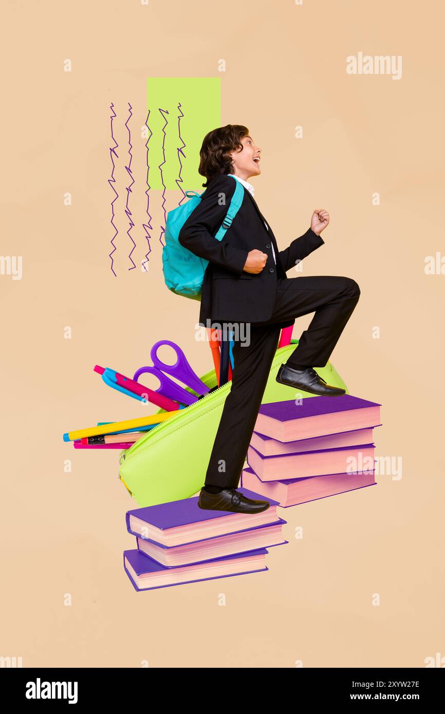 Vertical photo collage of happy schoolboy step book stack pencil case ...
