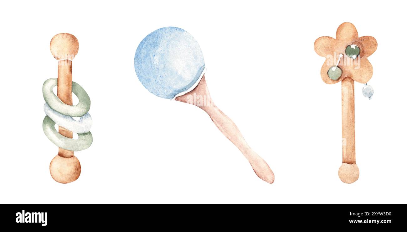 Set of Wooden Eco Baby Toys. Rattles in blue, green and beige tones ...