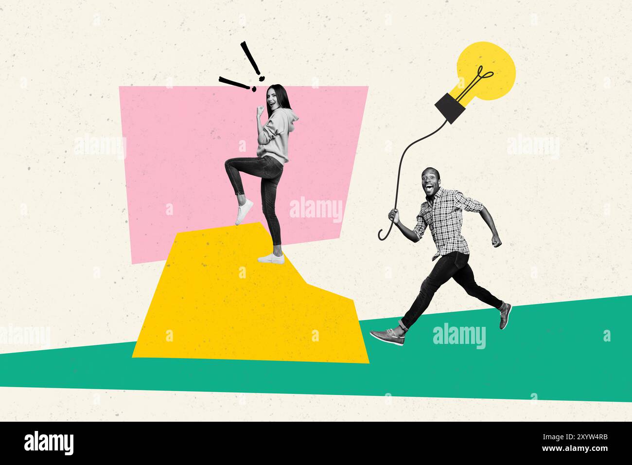 Creative collage picture young man woman enlightenment light power ...